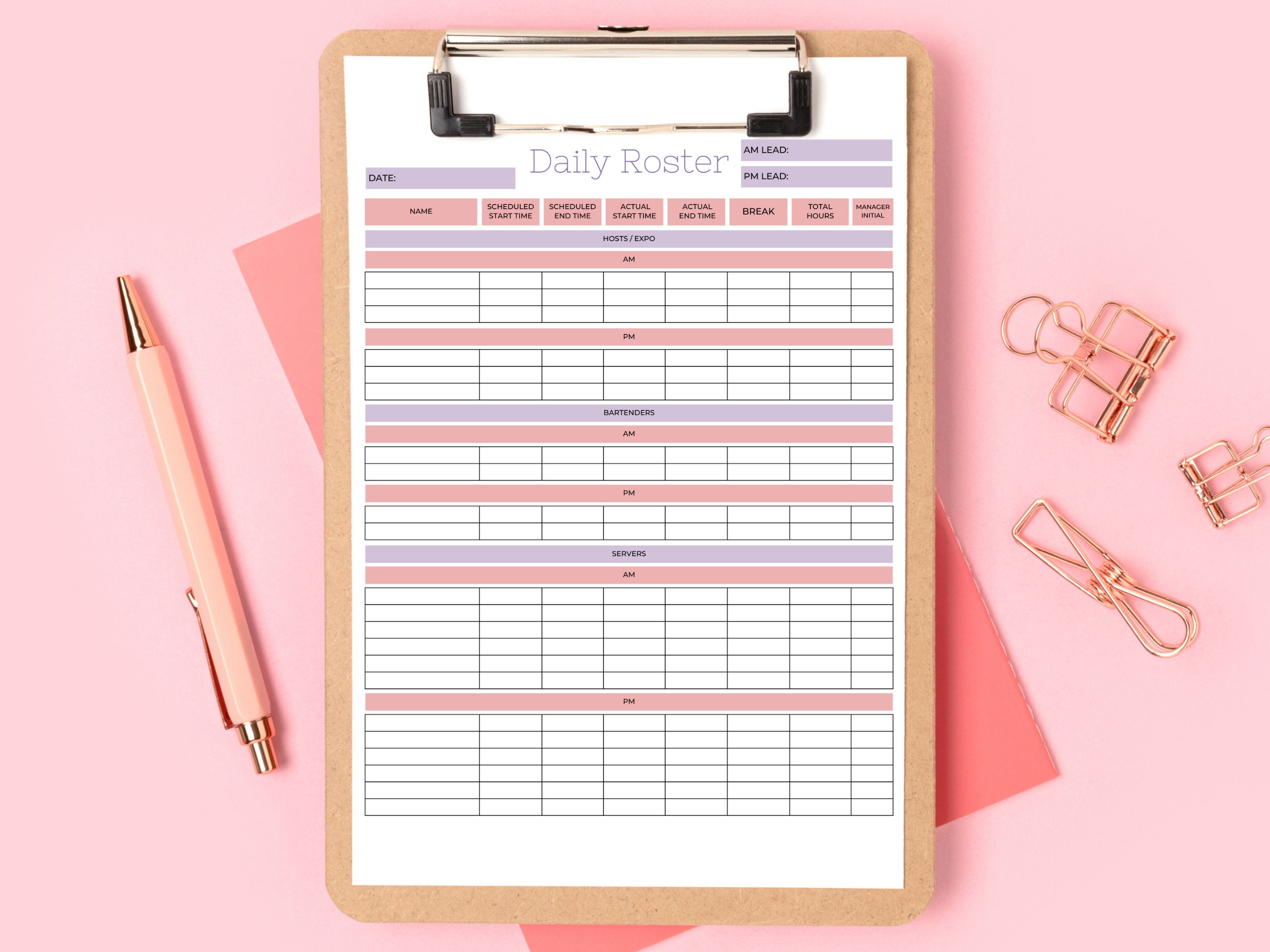 Small Daily Restaurant Schedule, Daily Service Roster for Restaurants ...