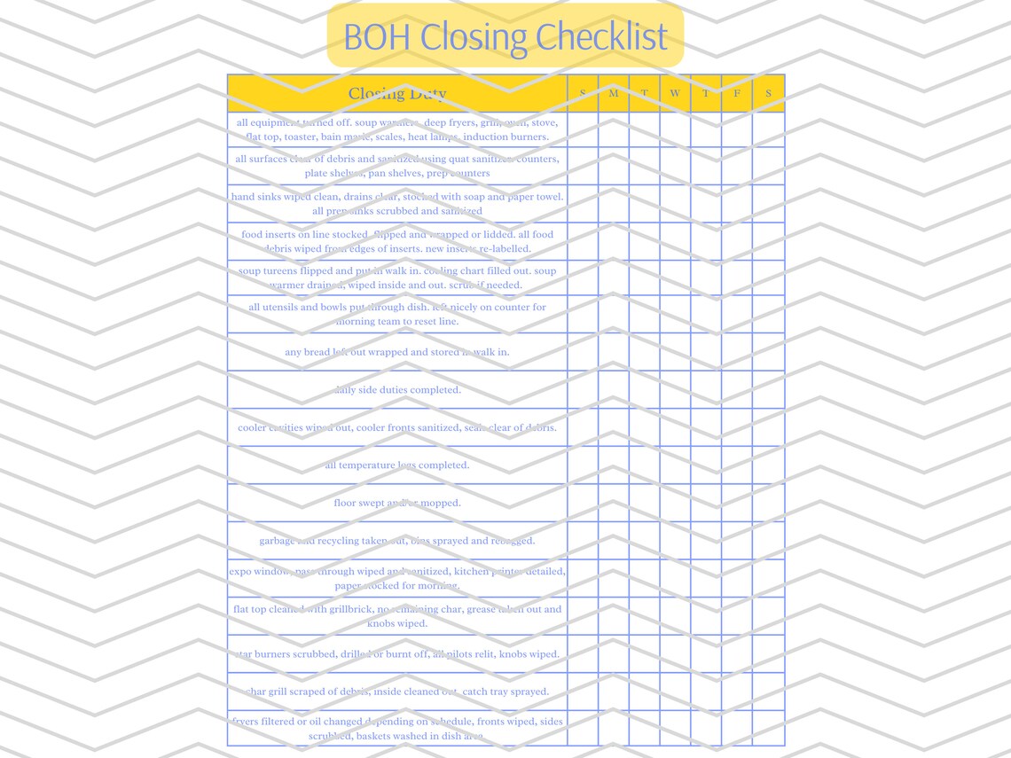 Bar Closing Checklist Restaurant Bar Cleaning List Bar - Etsy
