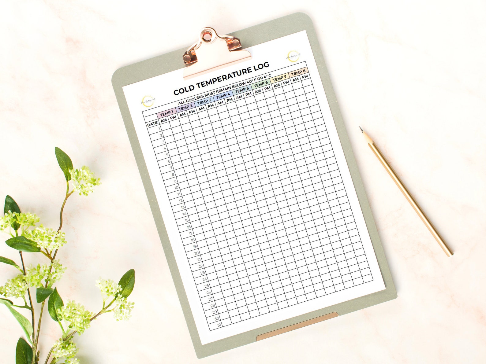 Cooler Temperature Log, Temperature Safety Record, Cooler Temperature ...