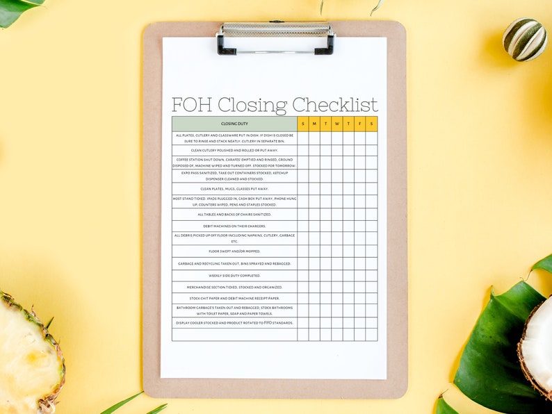 FOH Closing Checklist Template Server Closing Checklist - Etsy