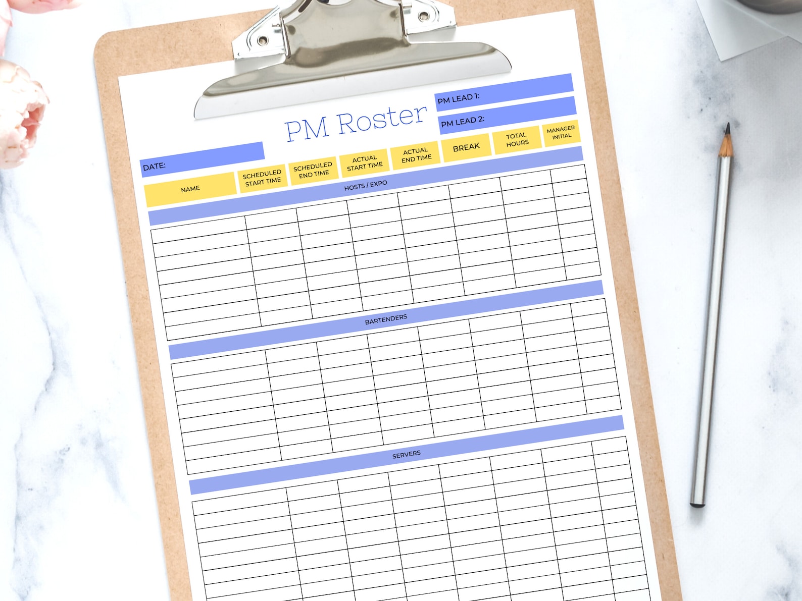 Large Daily Restaurant Roster, Printable FOH Daily Schedule, Service ...