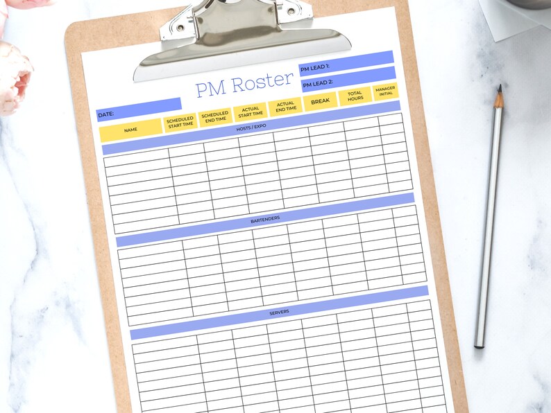 Large Daily Restaurant Roster, Printable FOH Daily Schedule, Service ...