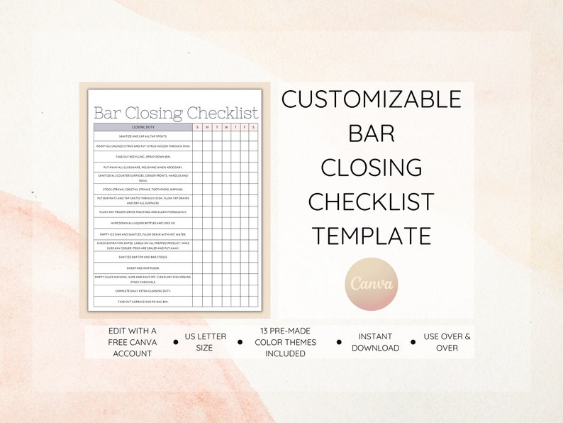 Bar Closing Checklist Restaurant Bar Cleaning List Bar - Etsy