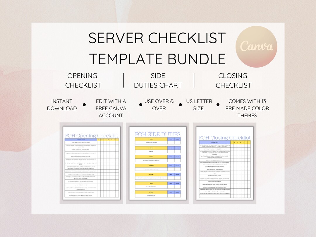 FOH Checklist Template Bundle Restaurant & Bar Serving - Etsy