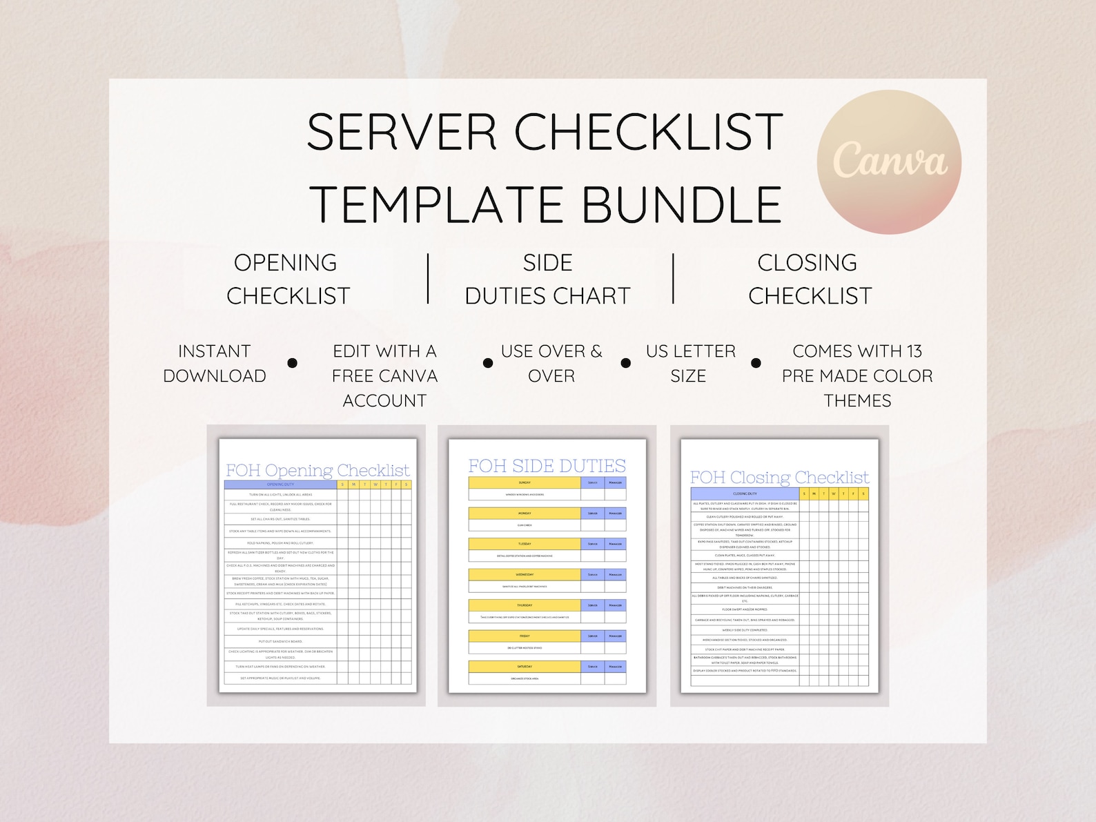 FOH Checklist Template Bundle Restaurant & Bar Serving - Etsy