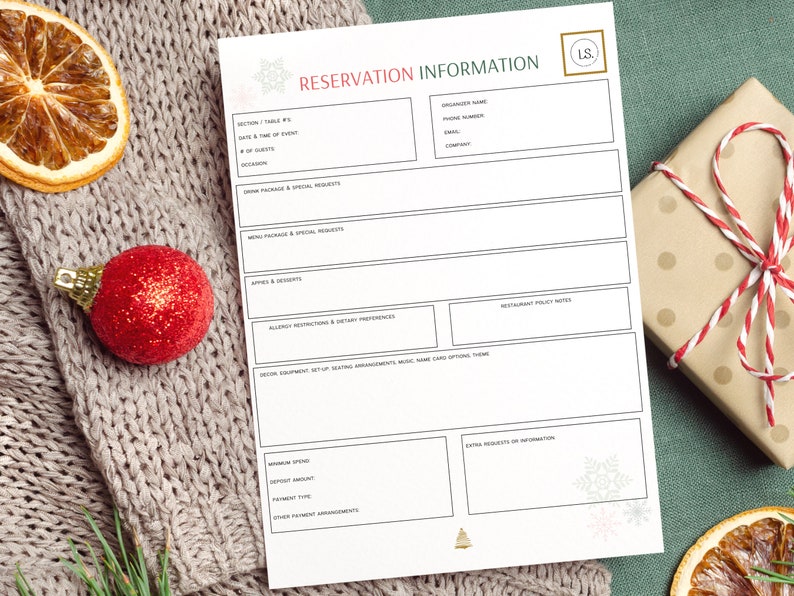 Restaurant Reservation Sheet for Large Groups and Special Holiday Menu ...