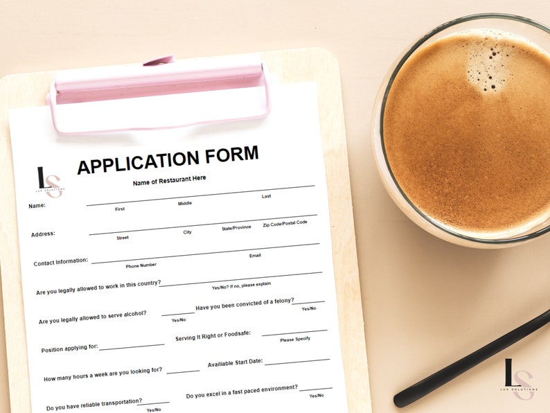 Restaurant Application Form, Editable Application Template, Microsoft ...