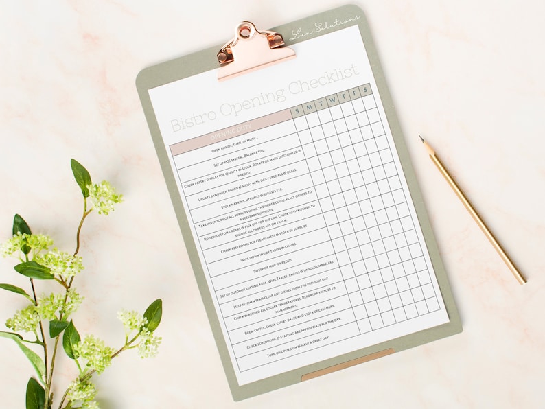 Bistro / Bakery Daily Opening Checklist, Editable Template for Bakeries ...