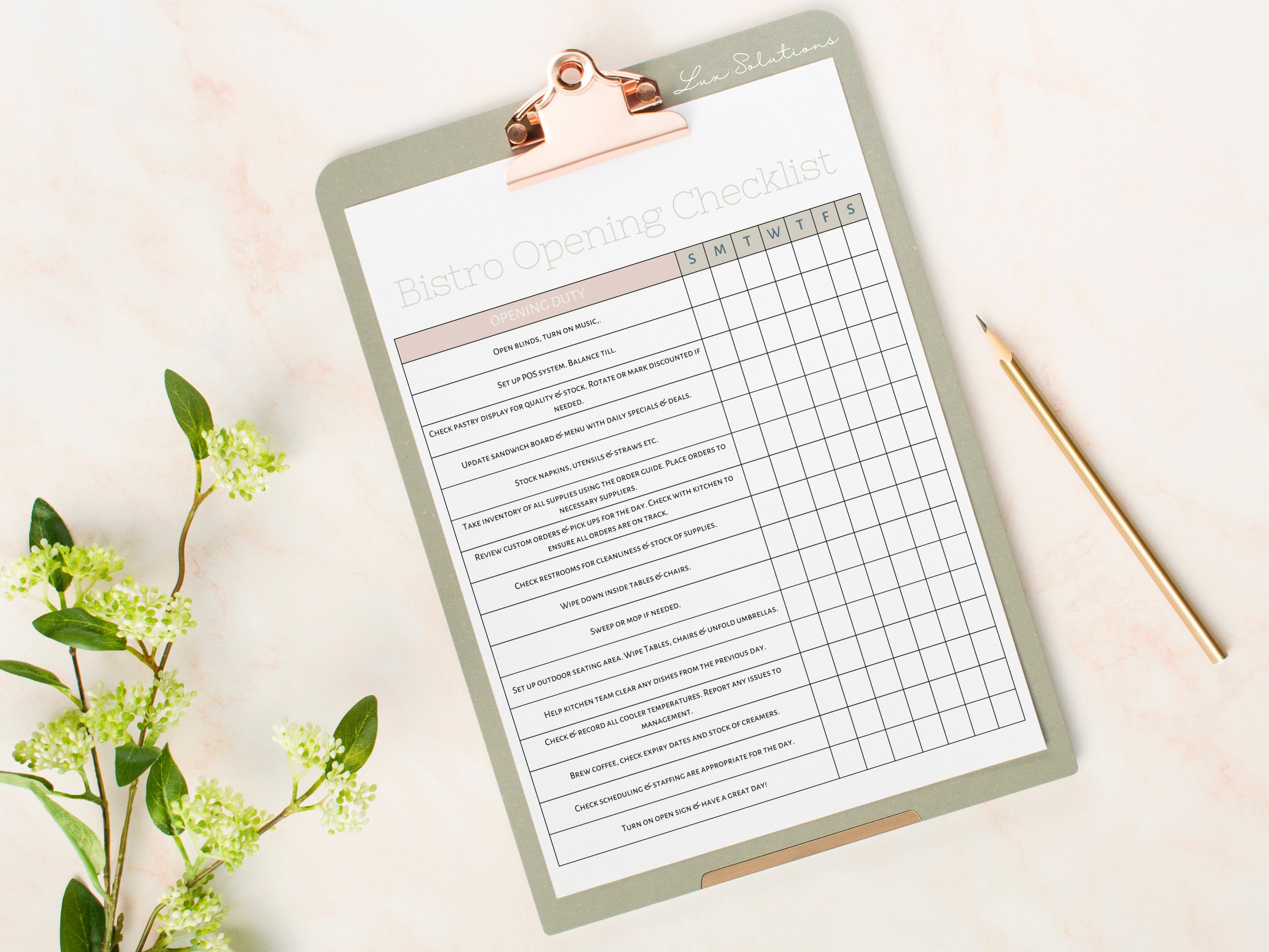 Bistro / Bakery Daily Opening Checklist, Editable Template for Bakeries ...