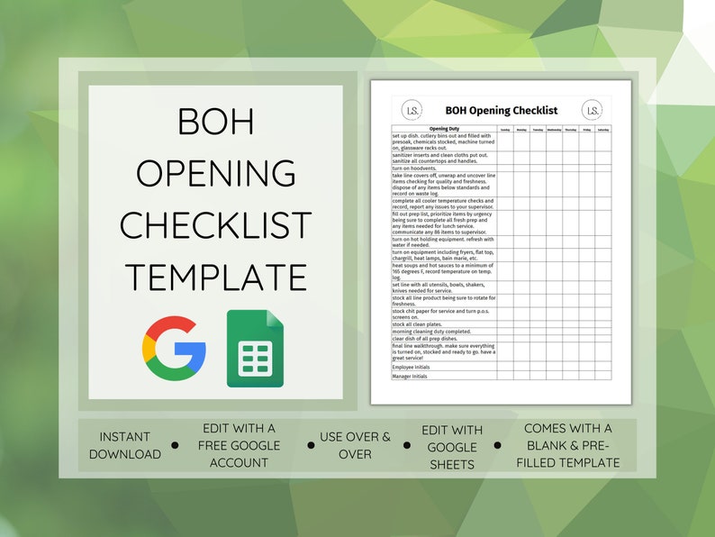 BOH Opening Checklist, Kitchen Opening Checklist Template, Editable ...