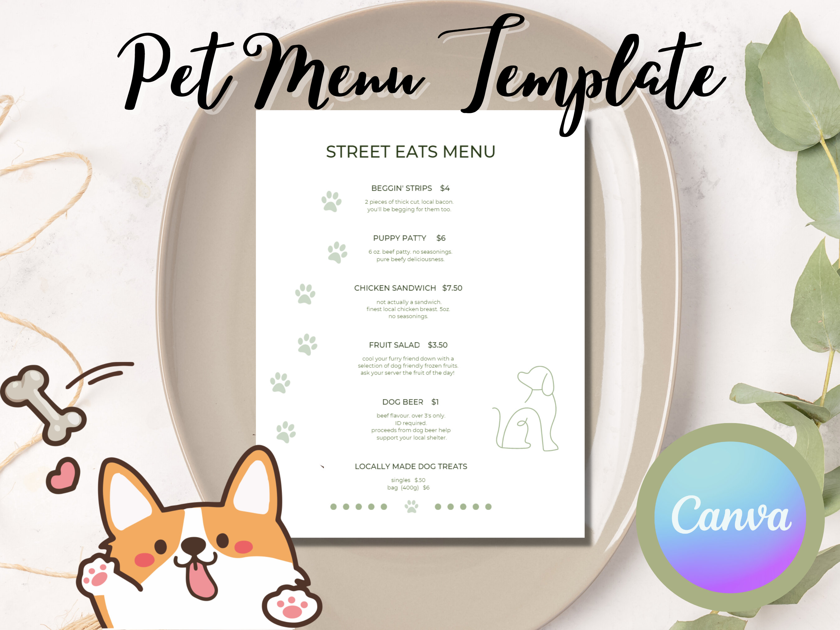 Pet Menu Template, Dog Menu for Restaurants or Events, Canva Dog Menu ...