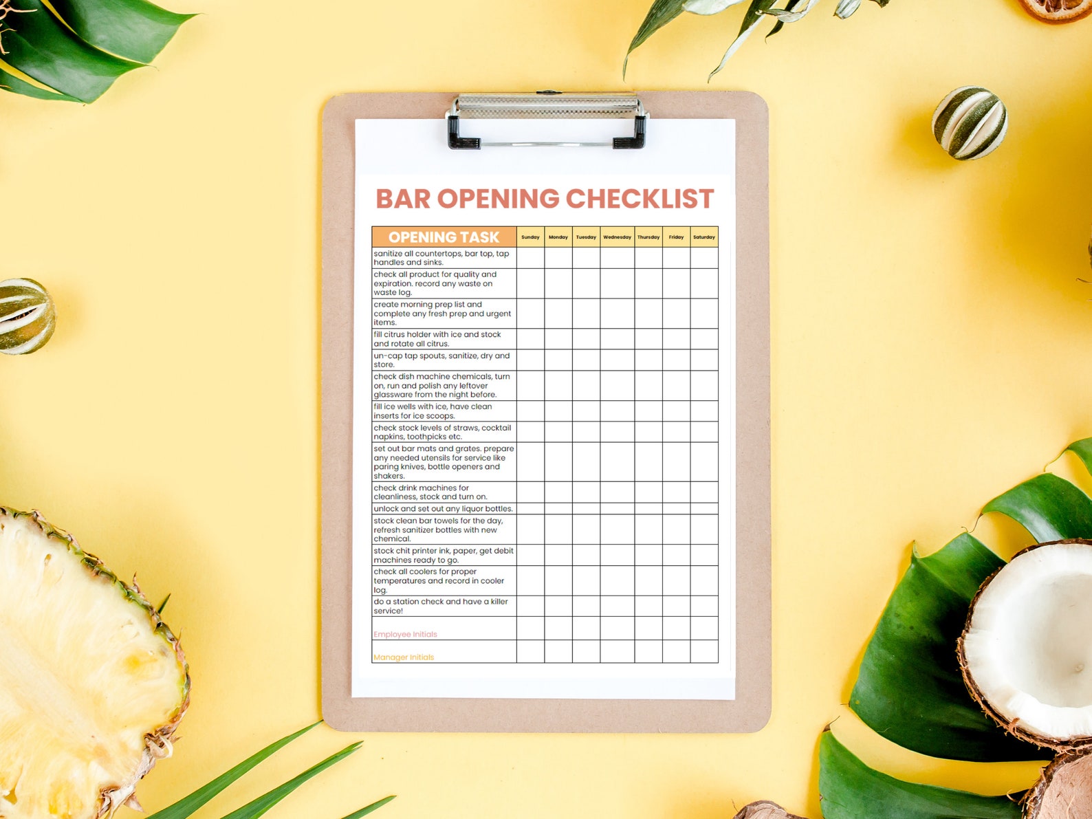 Bartenders Daily Opening Checklist, Editable Template for Bartenders ...