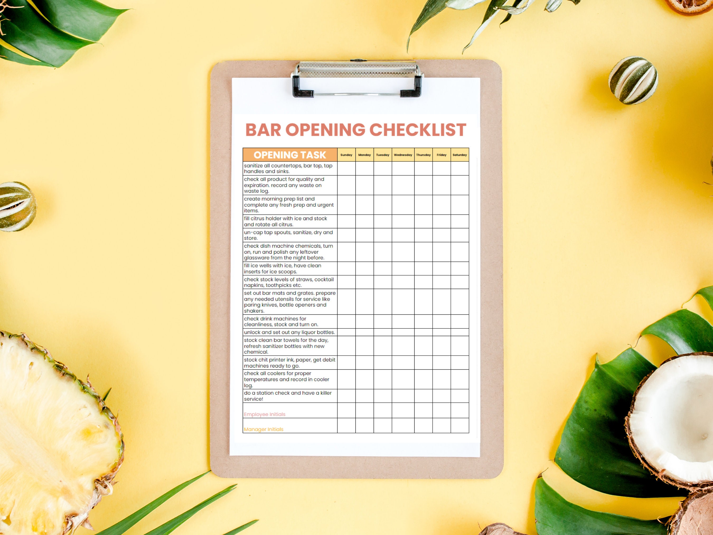 Bartenders Daily Opening Checklist, Editable Template for Bartenders, Bar Opening Task List, Bar ...
