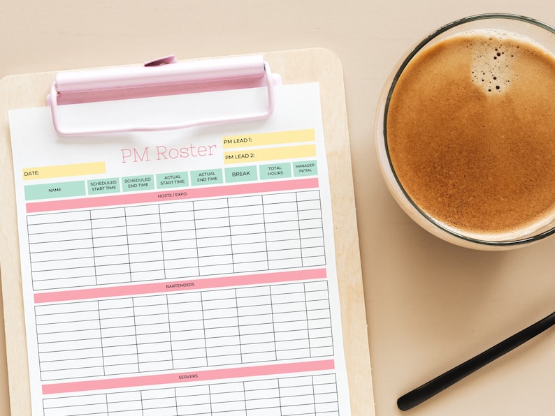 Large Daily Restaurant Roster, Printable FOH Daily Schedule, Service ...