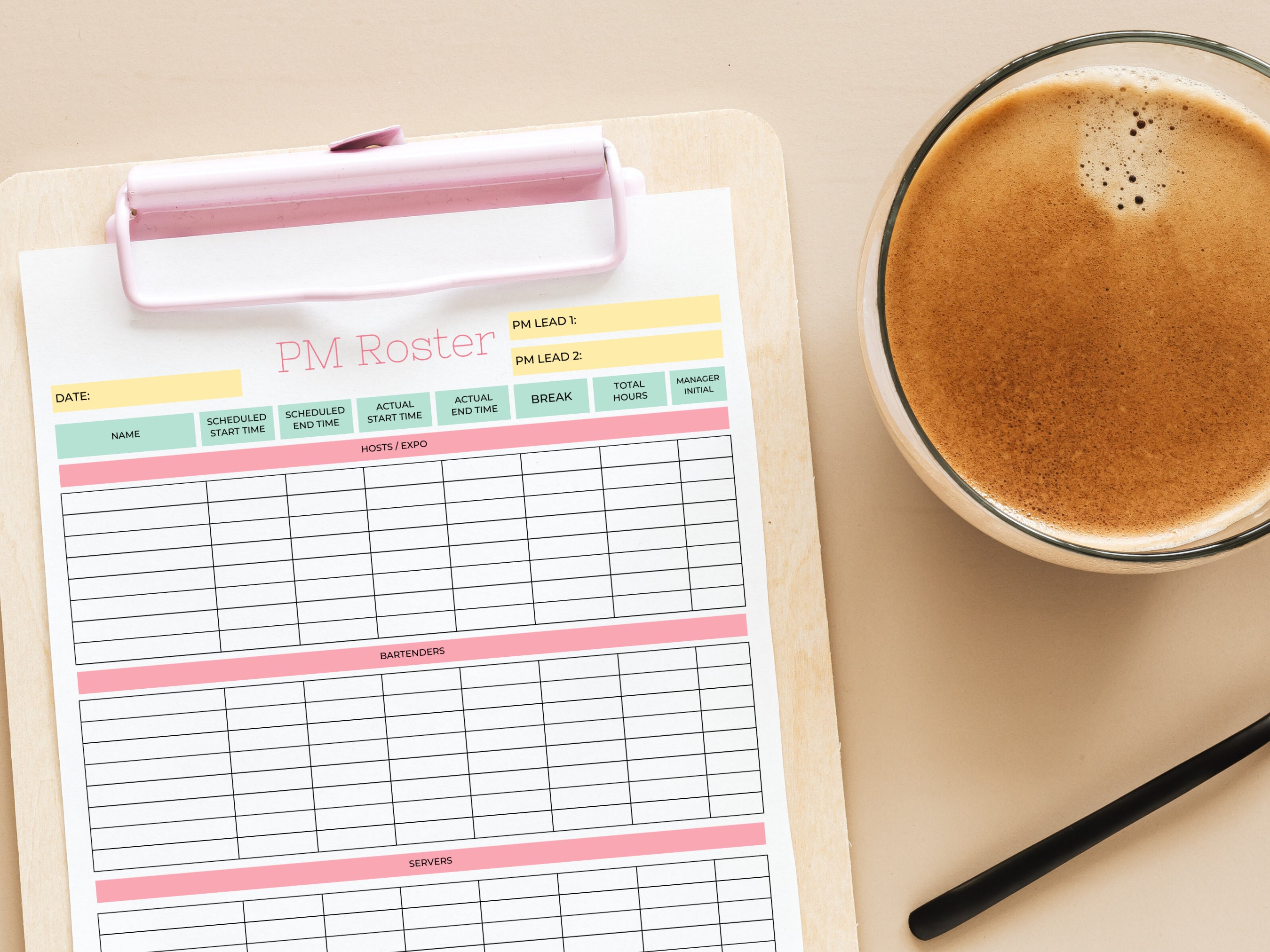 Large Daily Restaurant Roster, Printable FOH Daily Schedule, Service ...