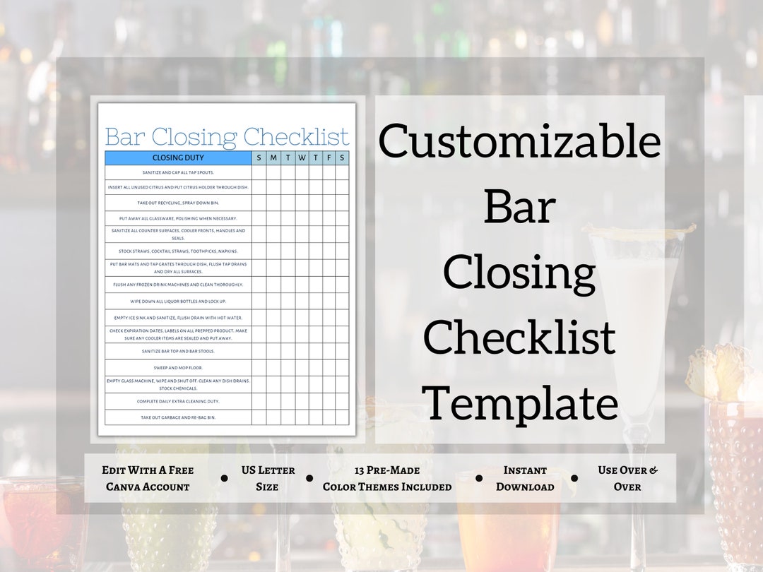 Bar Closing Checklist Restaurant Bar Cleaning List Bar - Etsy
