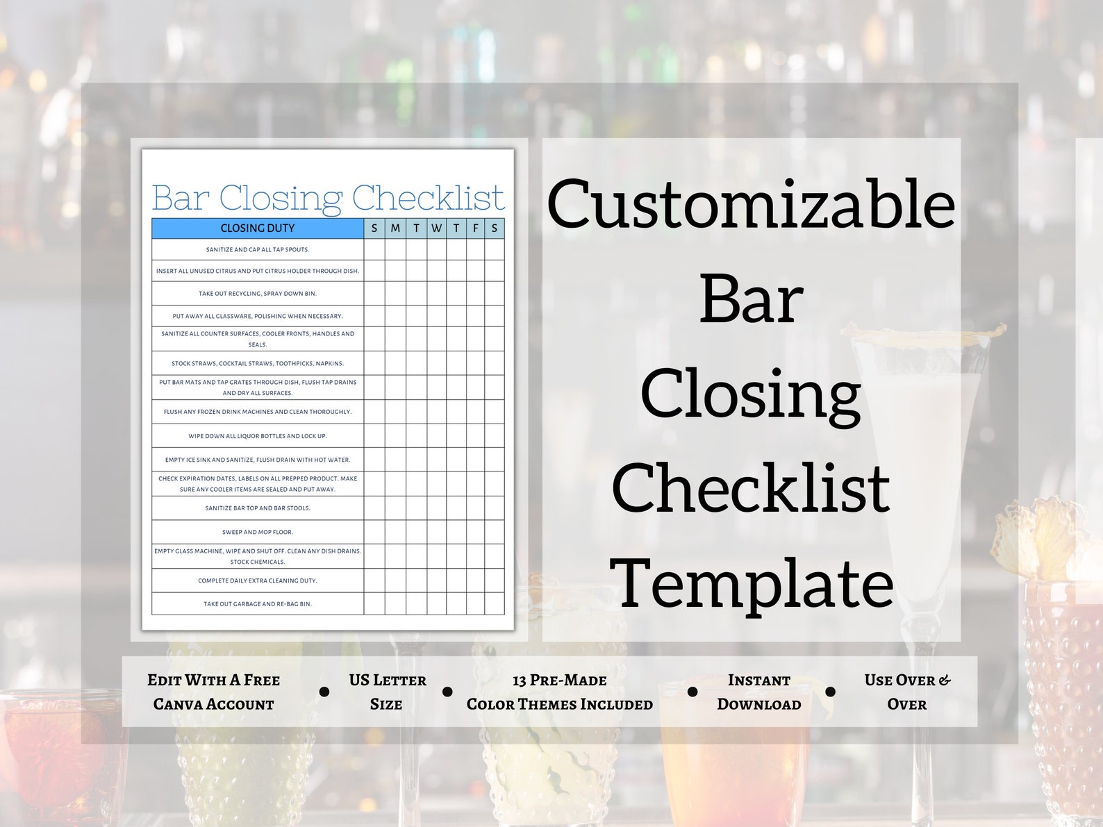 Bar Closing Checklist Restaurant Bar Cleaning List Bar - Etsy