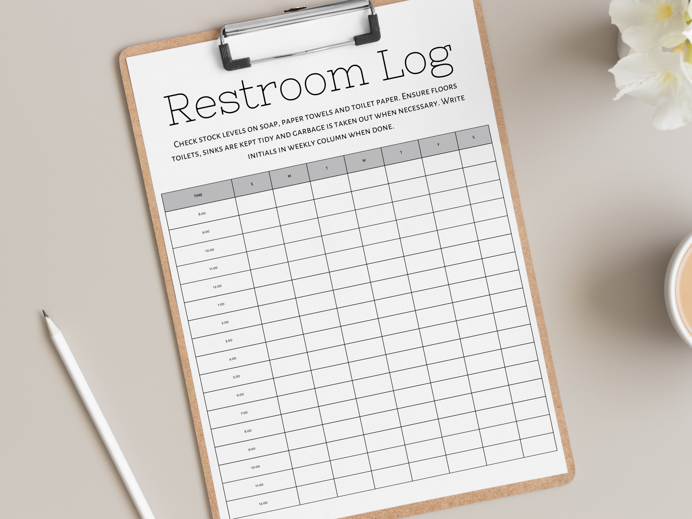 Bathroom Log, Restroom Checklist, Editable Template, Washroom Log ...