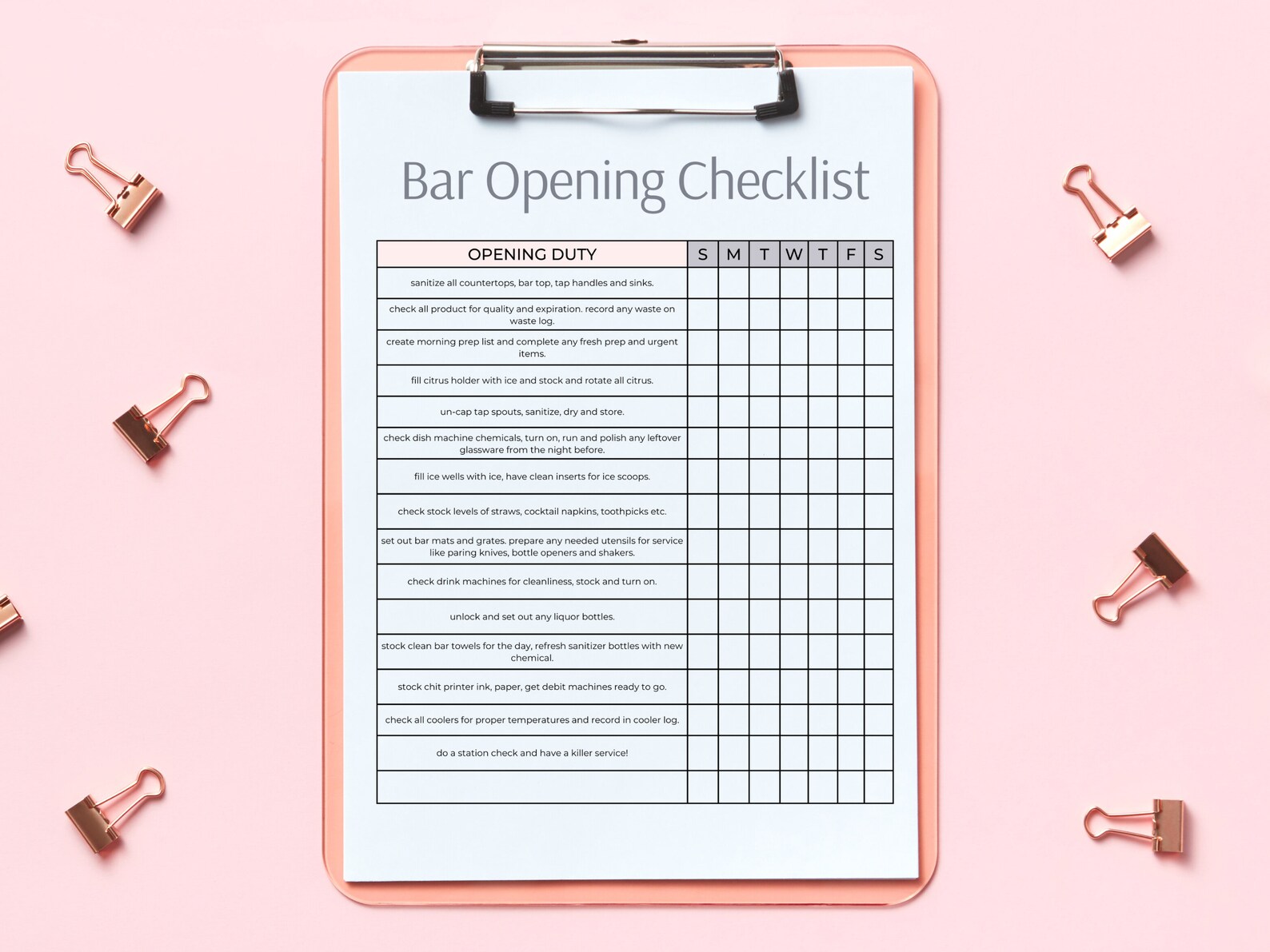 Bar Opening Checklist Restaurant Bar Cleaning List Bar - Etsy