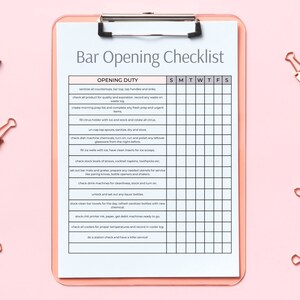 Bar Opening Checklist Restaurant Bar Cleaning List Bar - Etsy