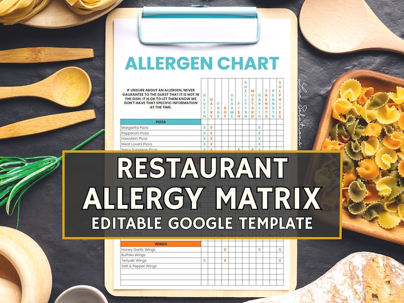 Allergen Chart for Food Service, Allergen Matrix, Editable Google ...