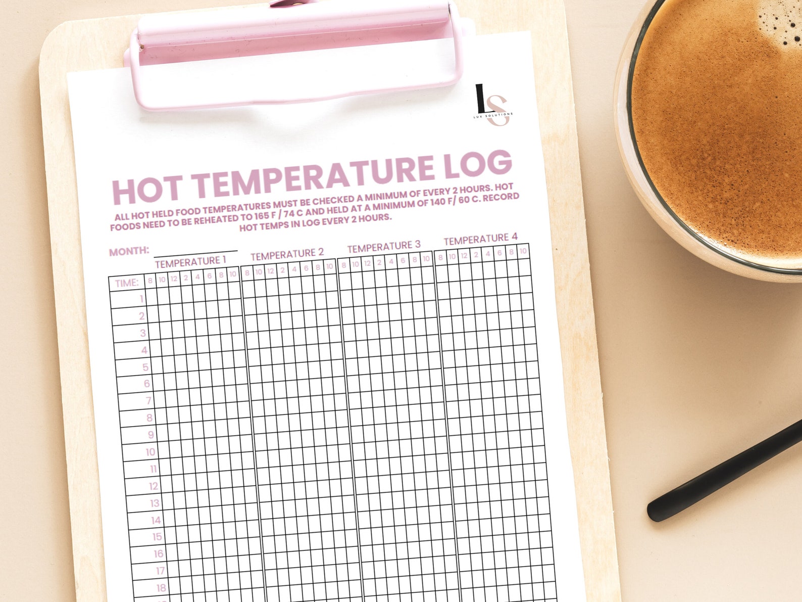 Hot Holding Temperature Log for Food Safety, Temperature Log for ...