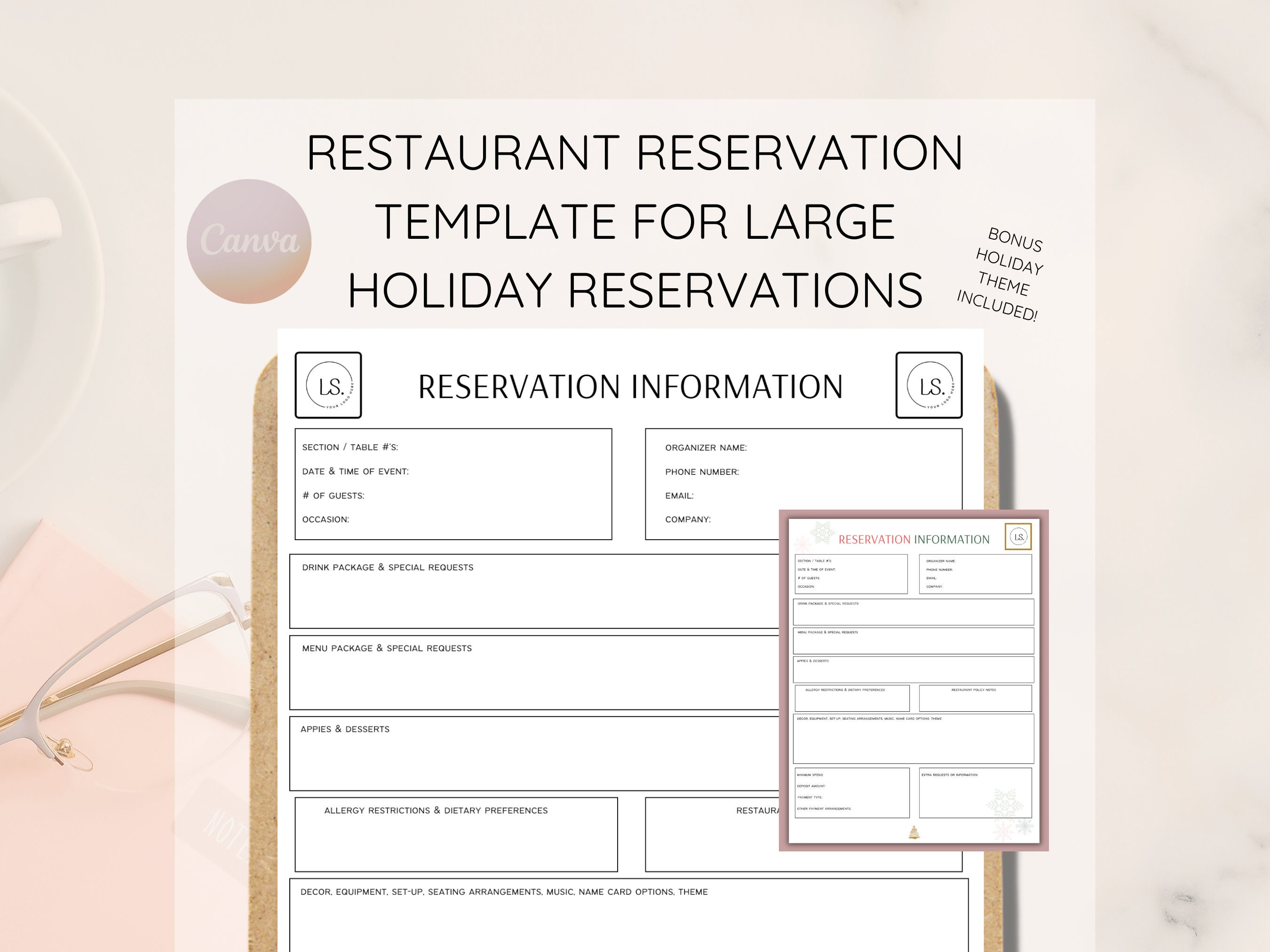 Restaurant Reservation Sheet for Large Groups and Special Holiday Menu ...