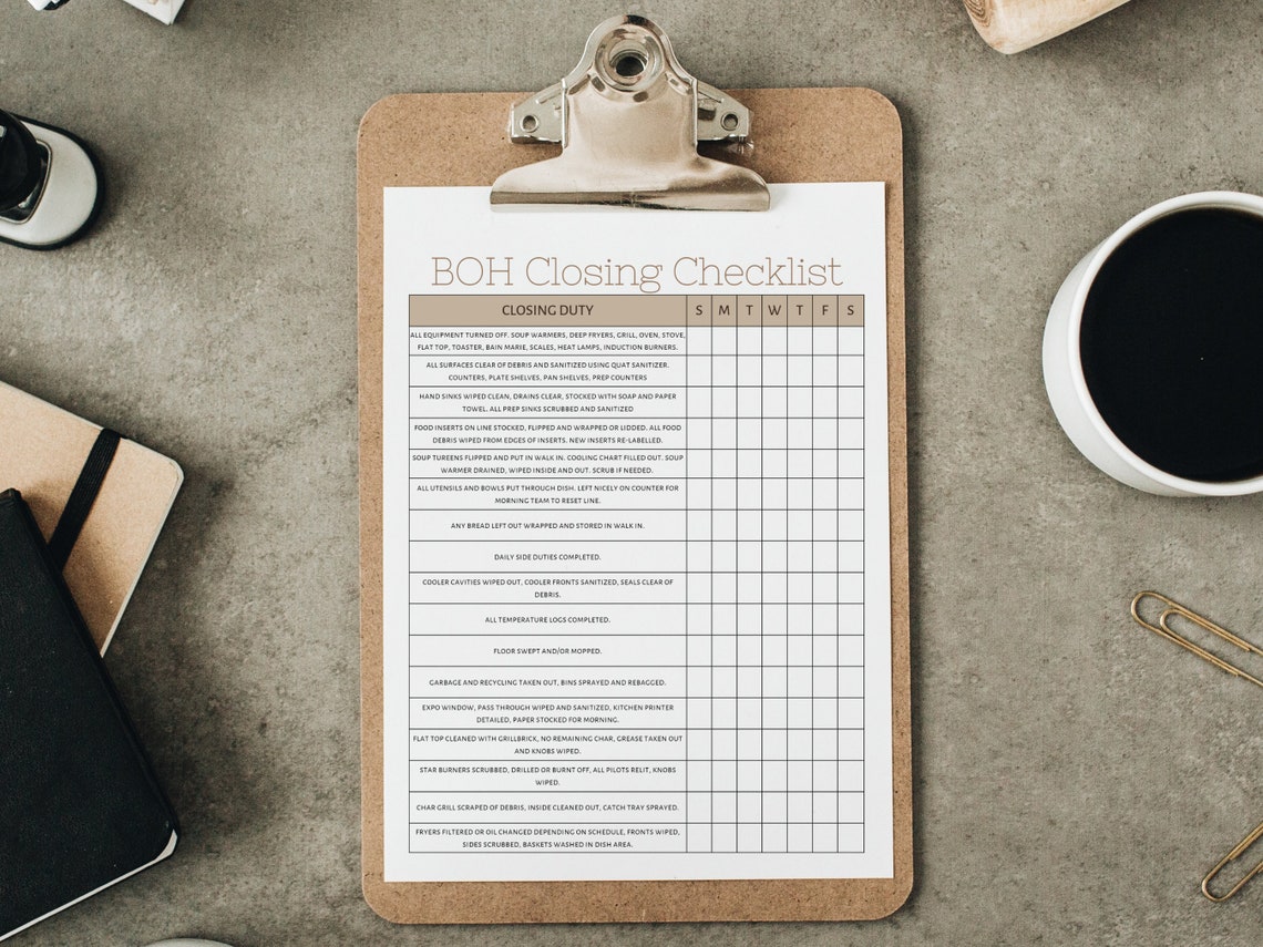 BOH Closing Checklist Template Editable Kitchen Template for - Etsy
