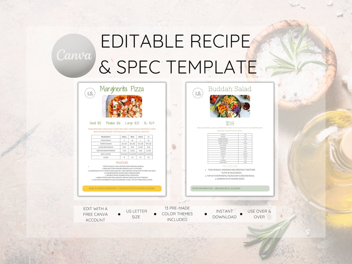 Editable Spec Sheet and Recipe Template, Blank Recipe Template, Instant ...