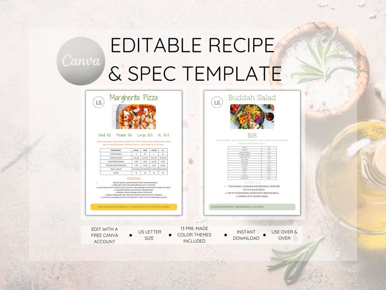 Editable Spec Sheet and Recipe Template, Blank Recipe Template, Instant ...