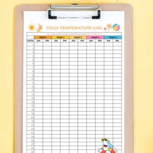 Cooler Temperature Log, Temperature Safety Record, Cooler Temperature ...