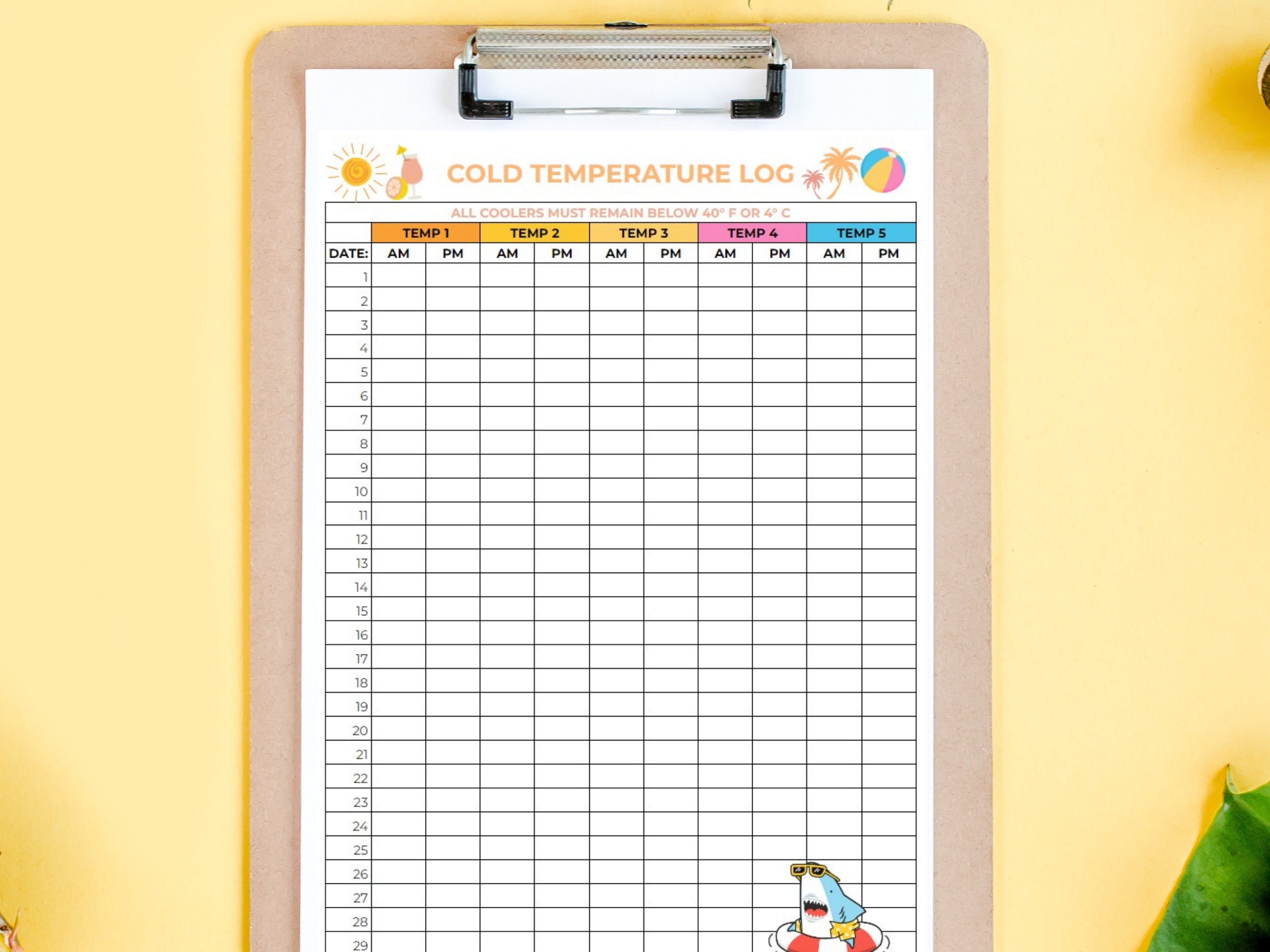 Cooler Temperature Log, Temperature Safety Record, Cooler Temperature ...