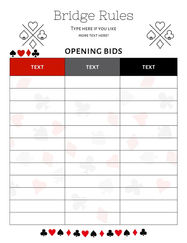 Bridge Rules Template, Bridge Scorecard Template, Board Game Rules ...