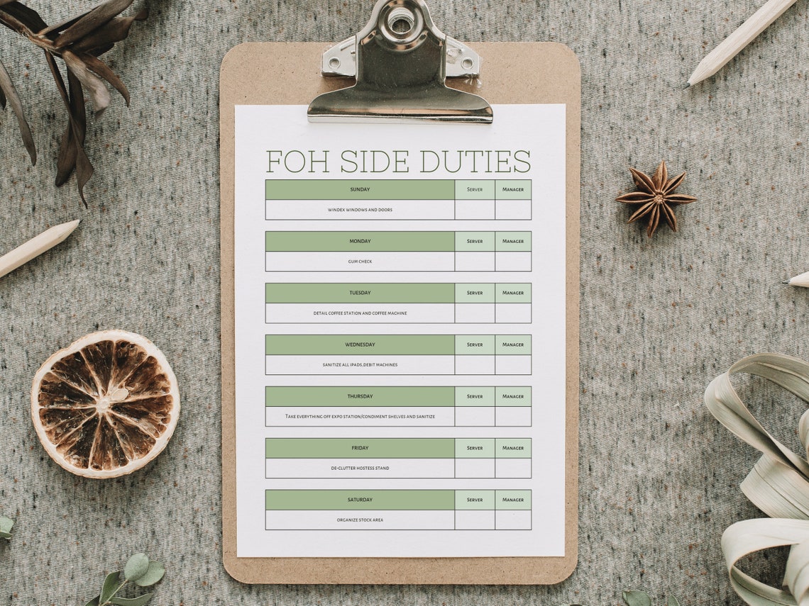 Restaurant Side Duty Template Bundle Extra Cleaning Lists - Etsy