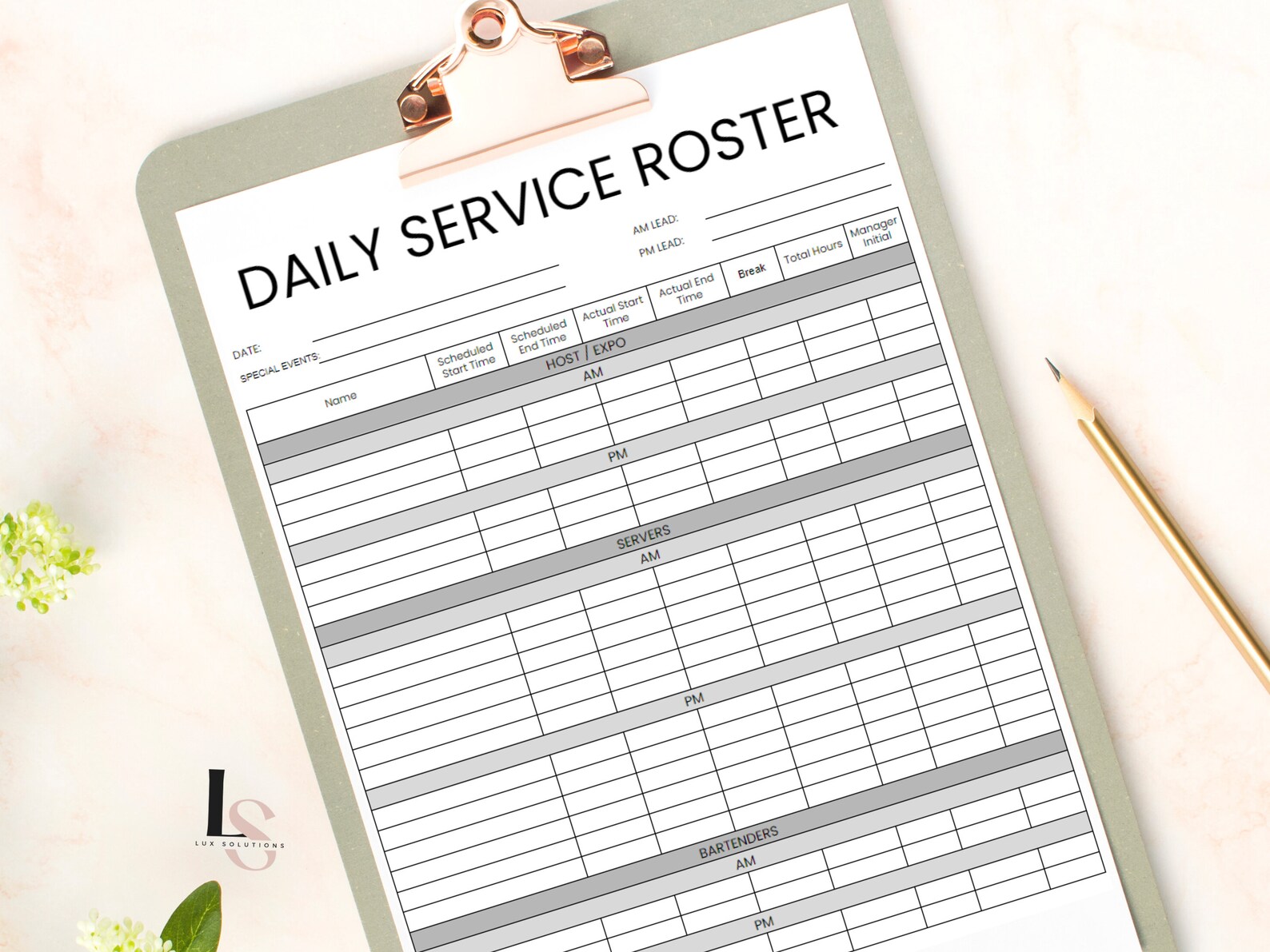 Daily Roster for Restaurants & Bars, Schedule Template for Restaurants ...