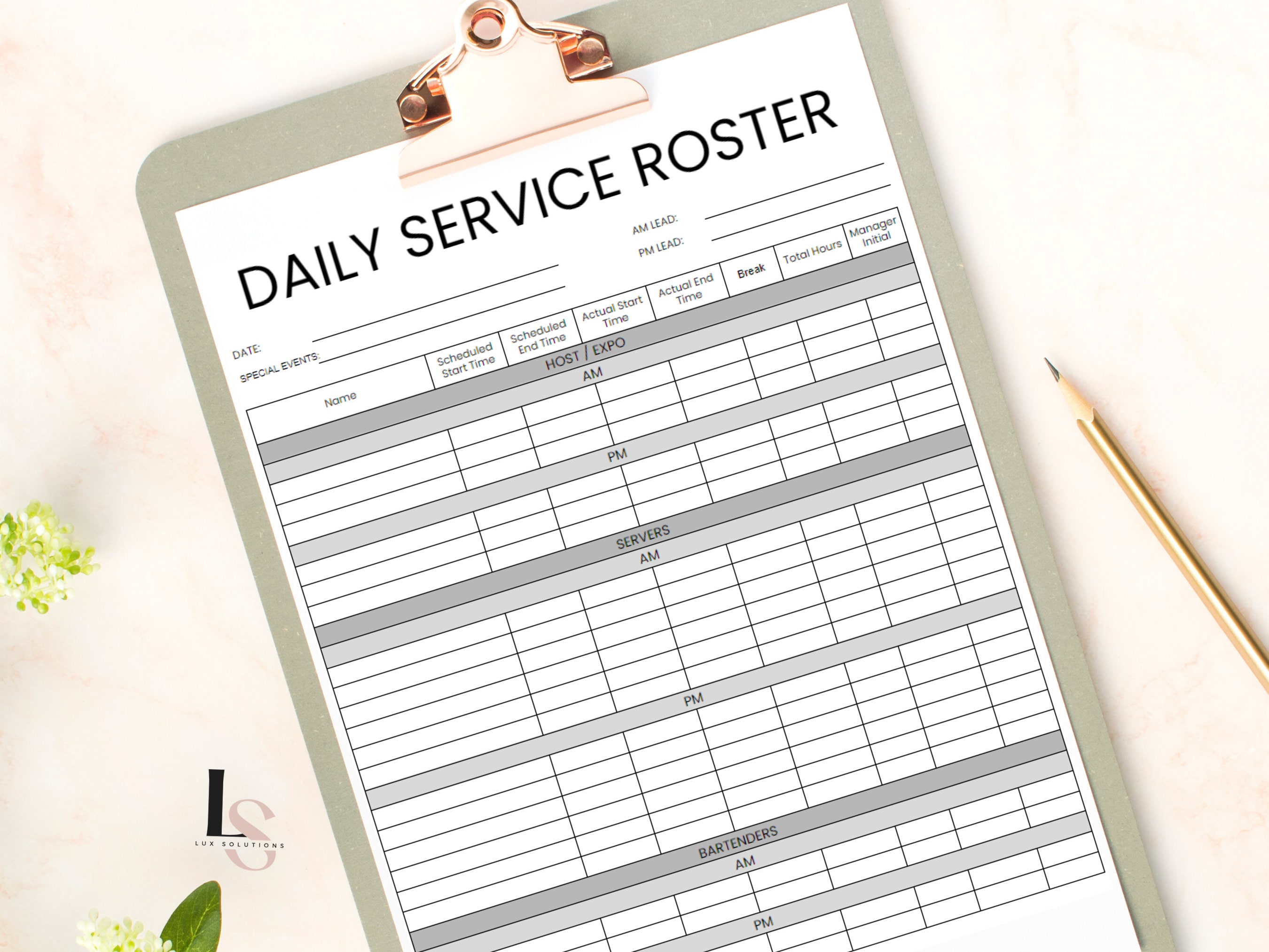 Daily Roster for Restaurants & Bars, Schedule Template for Restaurants ...
