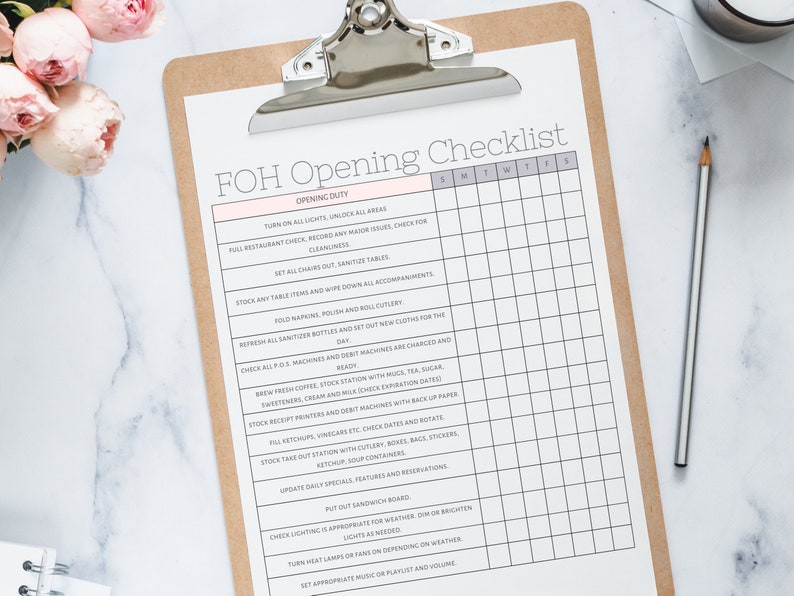 FOH Opening Checklist, Server Opening Checklist, Editable Restaurant ...