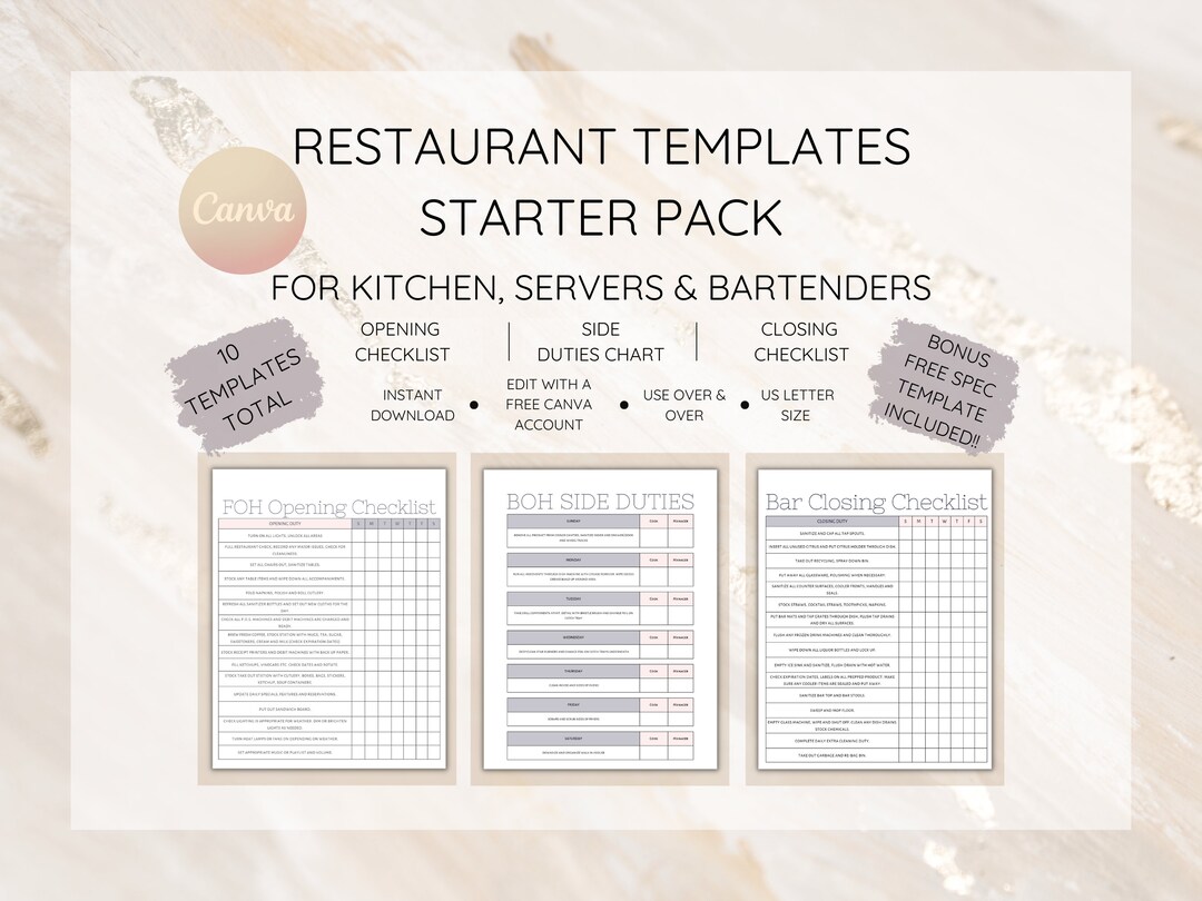 Restaurant Templates Starter Pack Server Kitchen Bar - Etsy