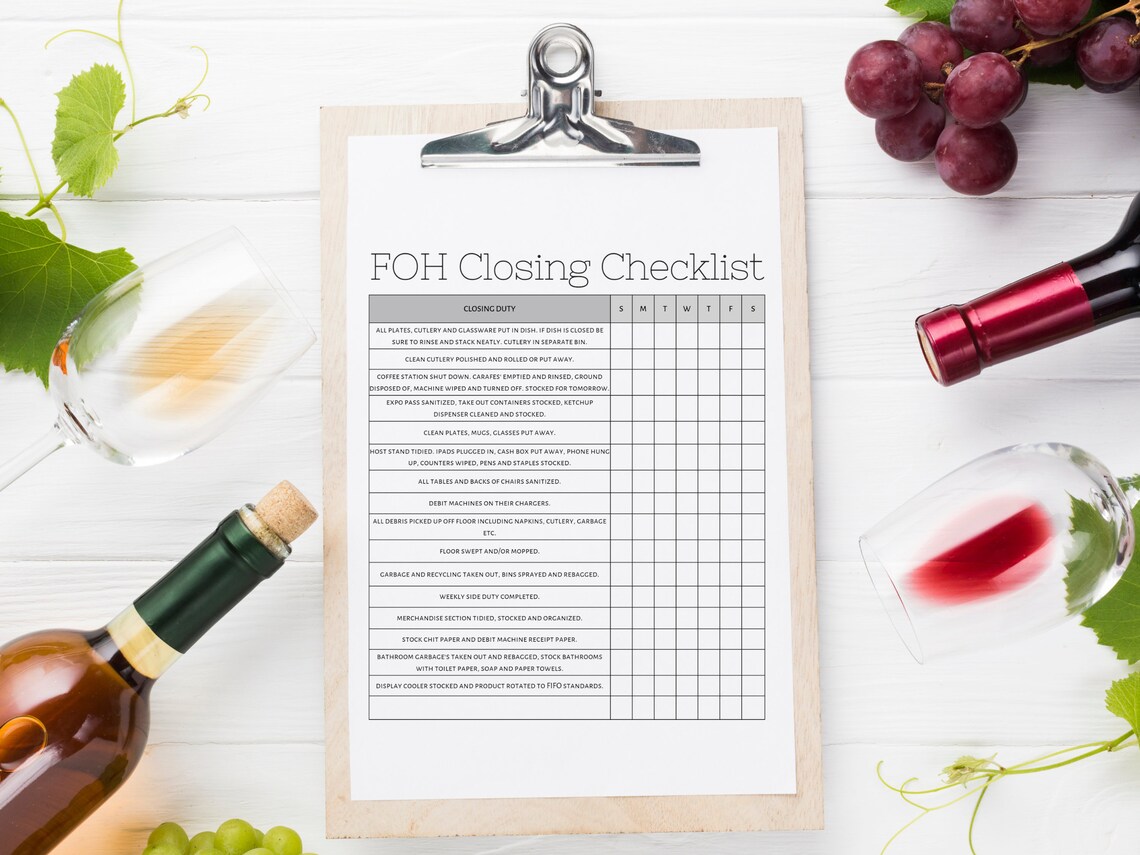 FOH Closing Checklist Template, Server Closing Checklist, Editable ...