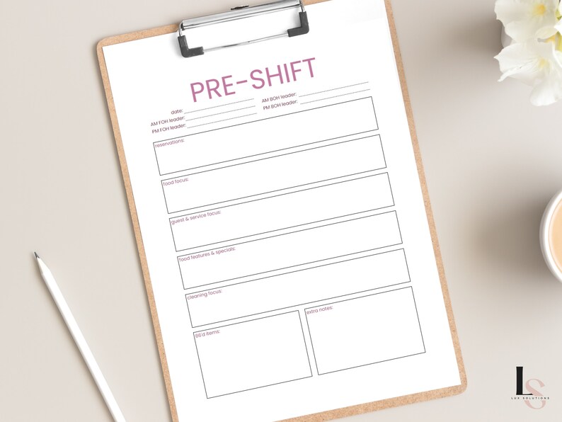 Pre-shift for Restaurants, Editable Pre Shift Template, Restaurant ...