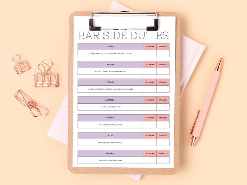 Bar Side Duties Checklist, Bartender Checklist, Bar Side Work Template ...