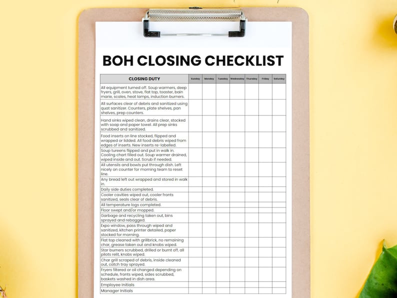 Lista de verificación de cierre de cocinas para restaurantes y cocinas ...