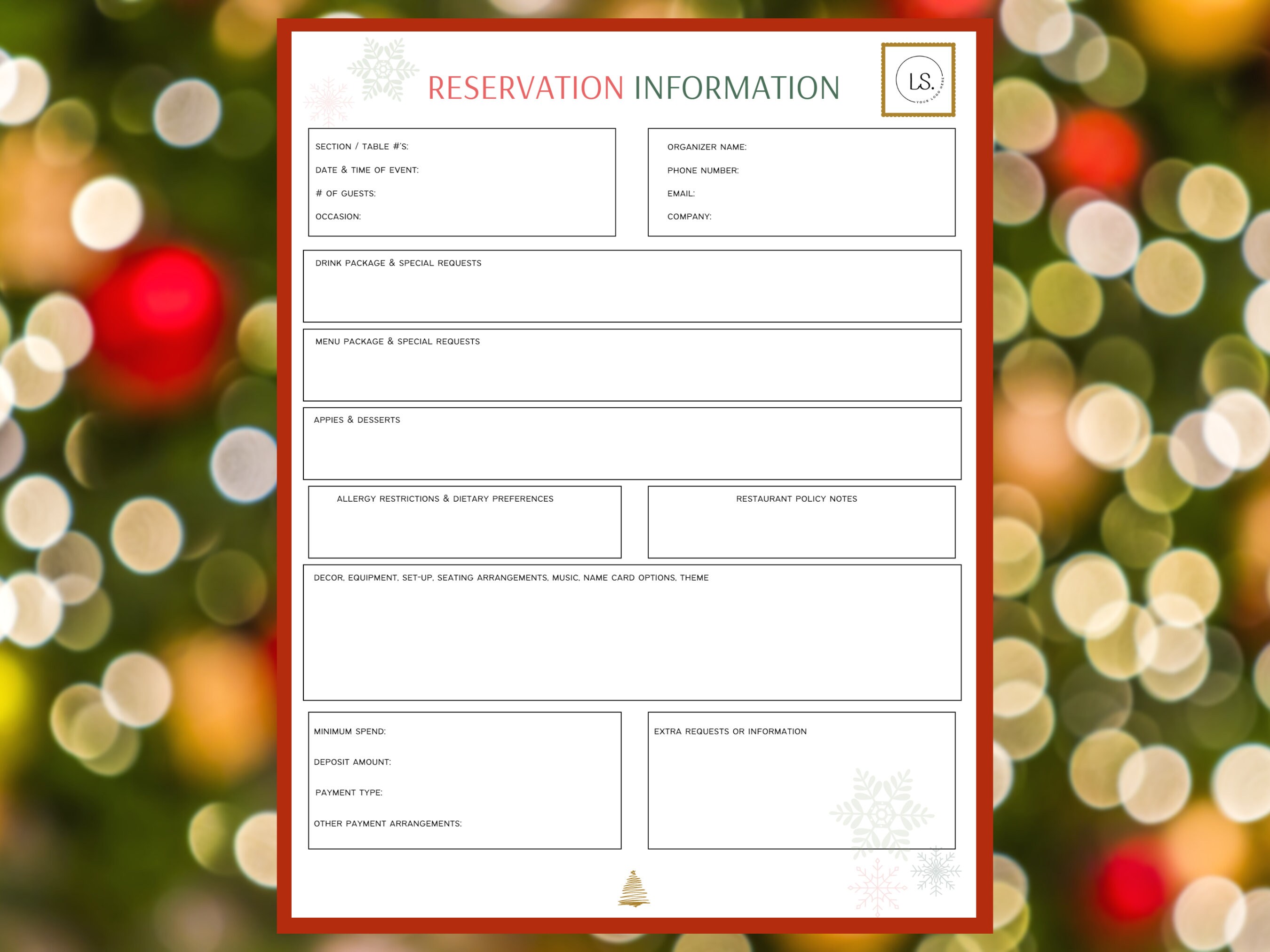 Restaurant Reservation Sheet for Large Groups and Special Holiday Menu ...