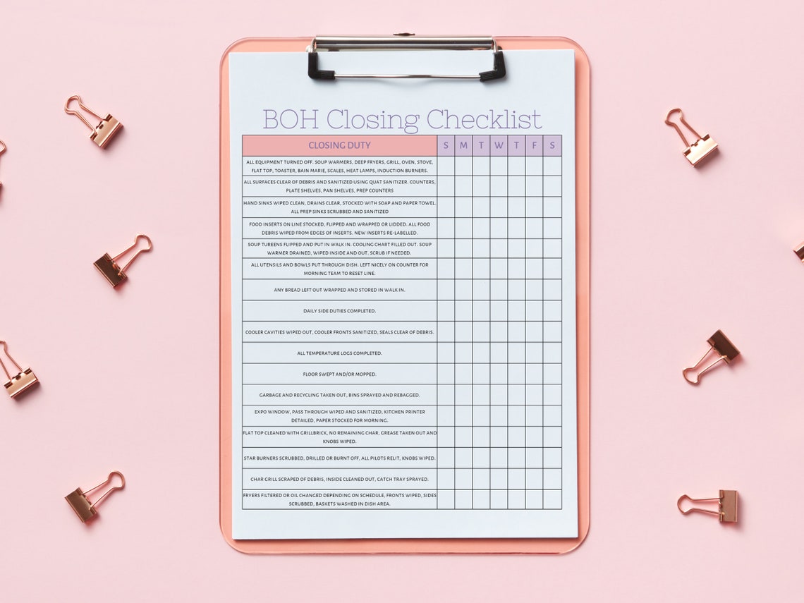 BOH Closing Checklist Template, Editable Kitchen Template for ...