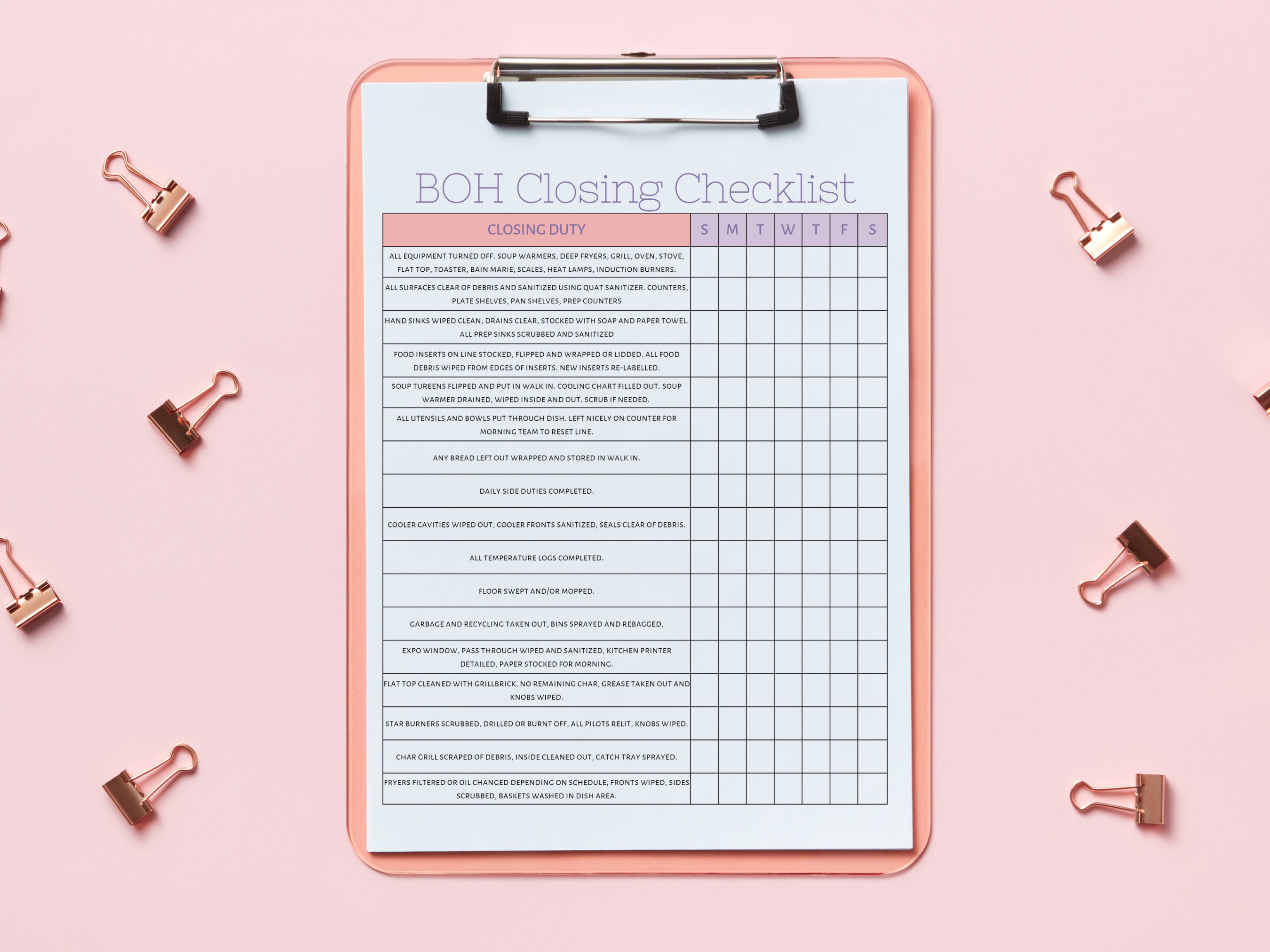 BOH Closing Checklist Template, Editable Kitchen Template for ...