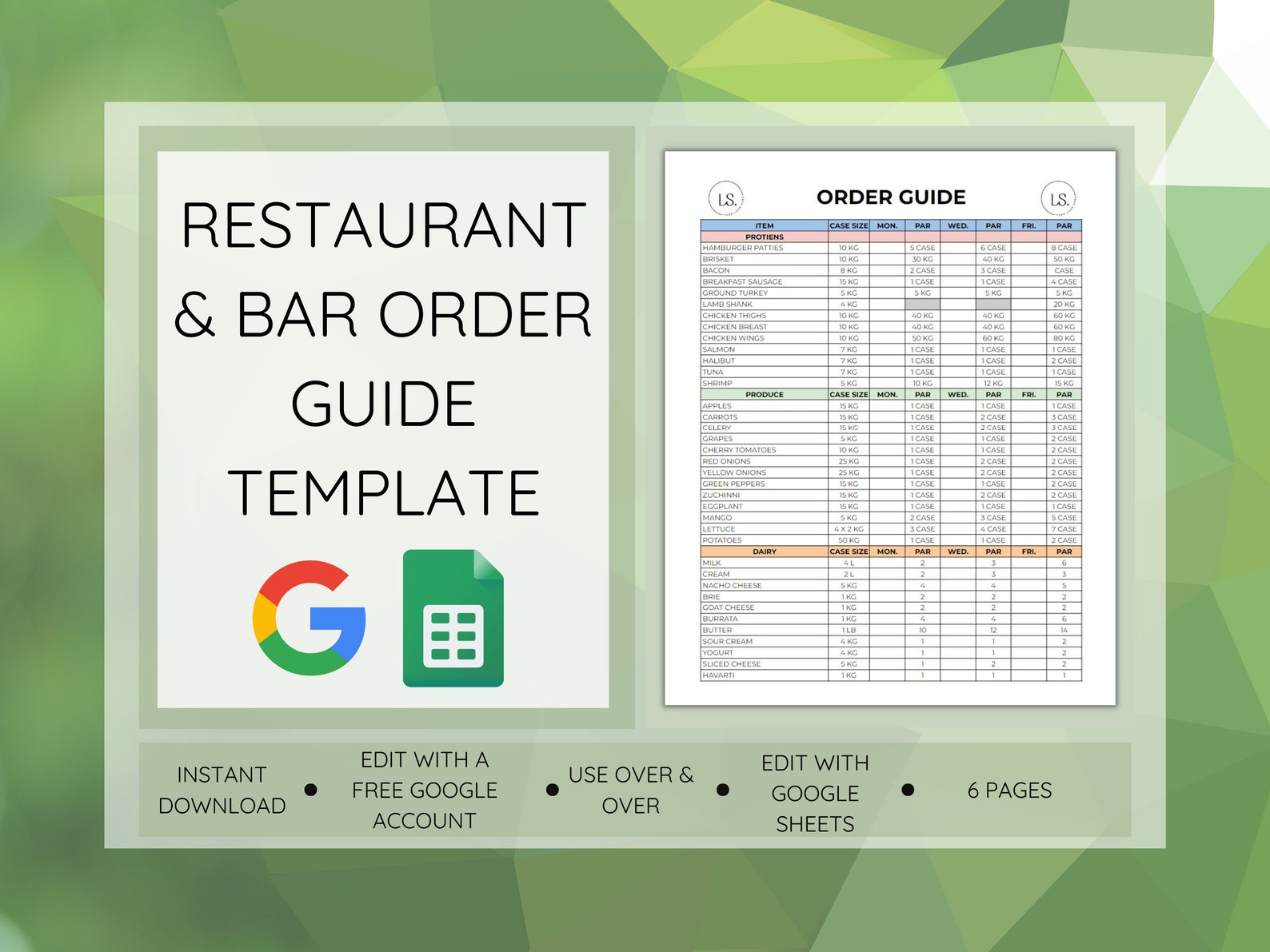 Order Guide for Restaurants and Bars, Restaurant Par List, Ordering ...