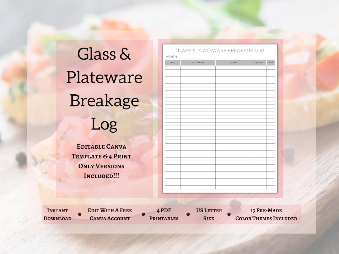 Glass Plateware Breakage Log for Restaurants & Bars Editable - Etsy