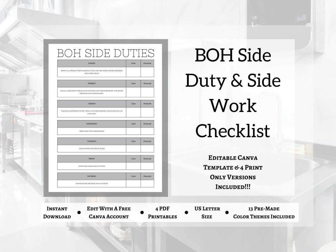 BOH Side Duty Chart, Kitchen Side Work Checklist, Editable Template ...