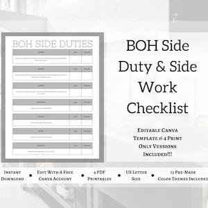 BOH Side Duty Chart, Kitchen Side Work Checklist, Editable Template ...