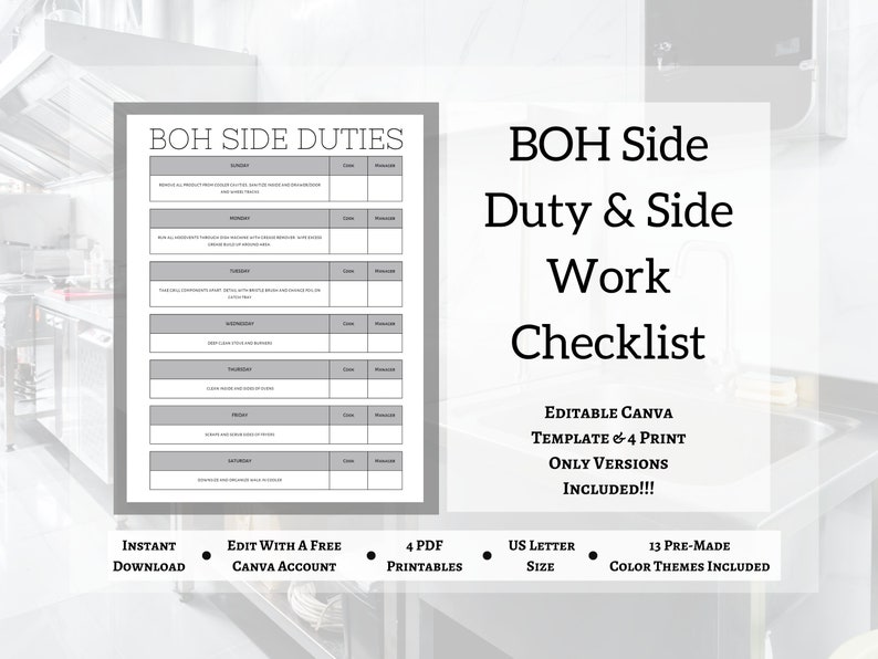 BOH Side Duty Chart, Kitchen Side Work Checklist, Editable Template ...